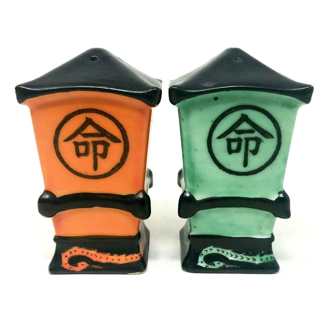 Pagoda Salt Pepper Shaker Set, Life in Japanese, Green Orange Dragon ...