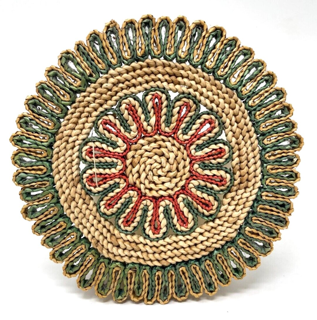 Vintage 1970's Woven Wicker Rattan Trivet, Red & Green Boho Basket ...