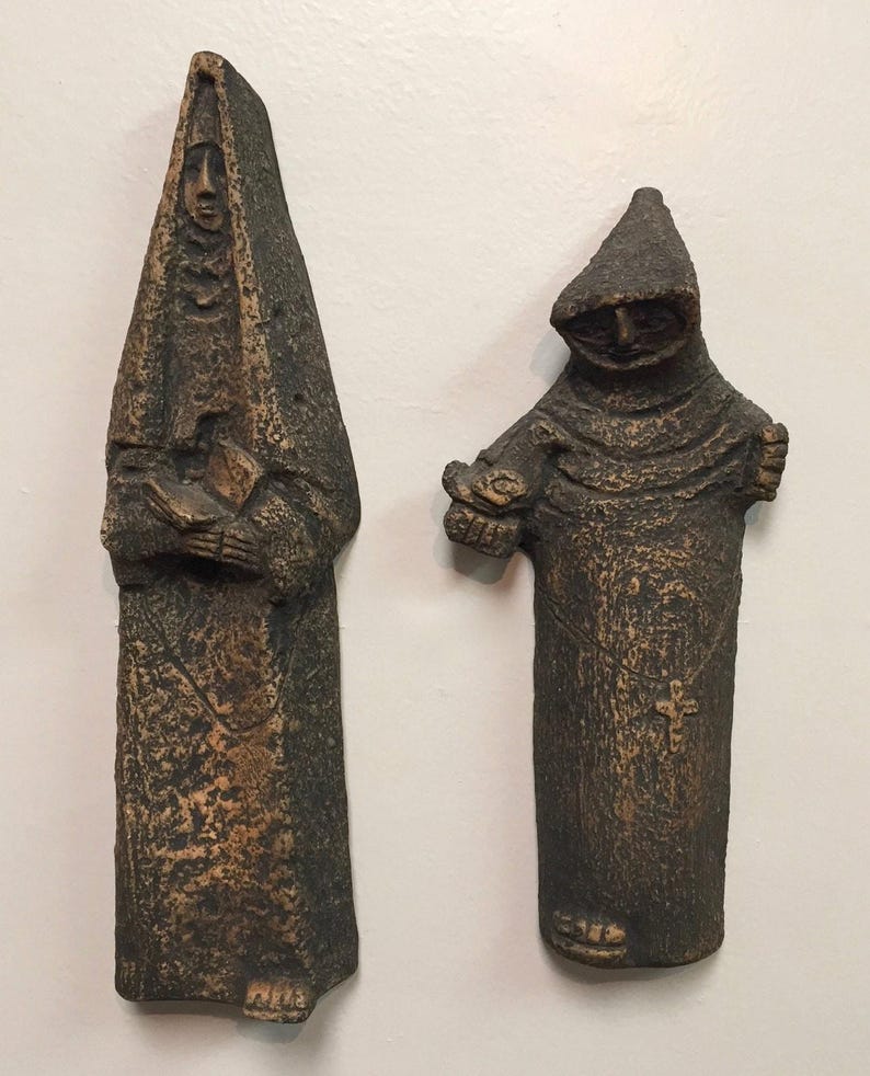 Vintage Jaru Pottery Brutalist Monk and Nun Wall Hangings MCM Figures ...