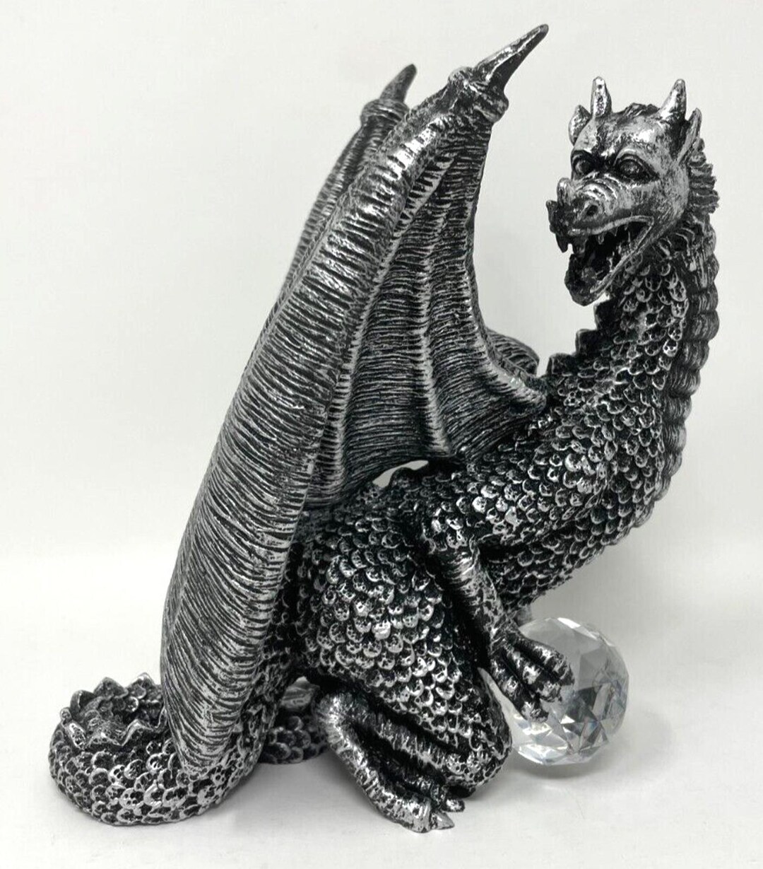 7" Winged Dragon Statue Silver Resin Crystal Fantasy Figurine - Etsy