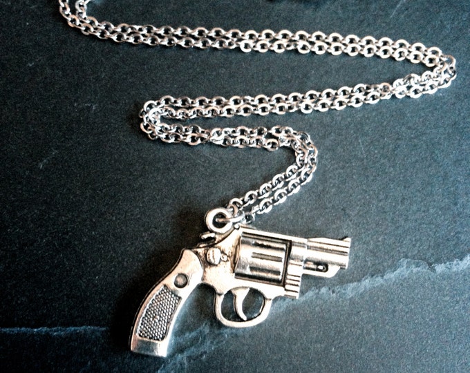 Silver Hand Gun Pistol Revolver Pendant Necklace on 17" Stainless Flat ...
