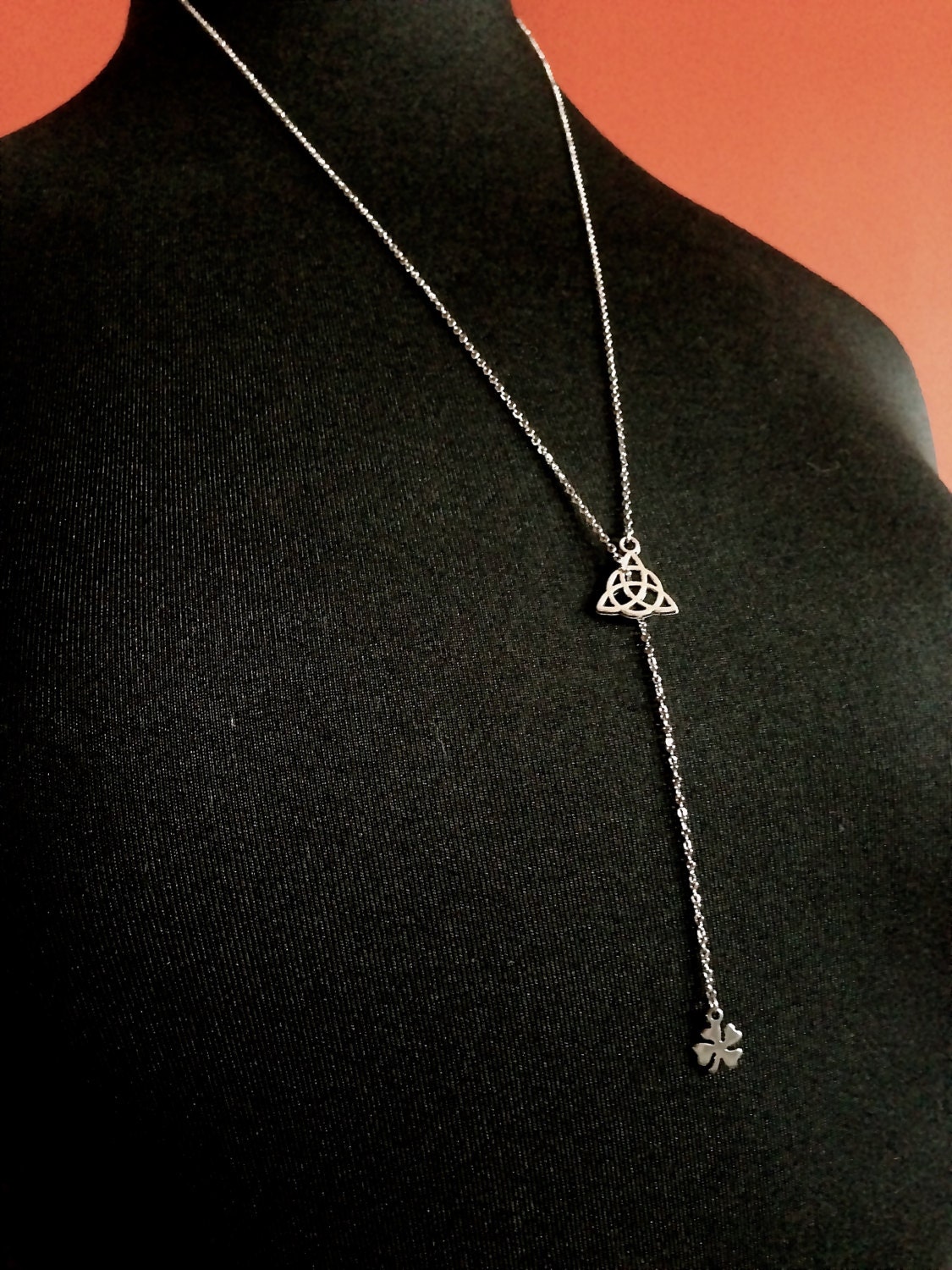 Four Leaf Clover & Irish Celtic Knot Lariat Style Pendant Necklace on ...
