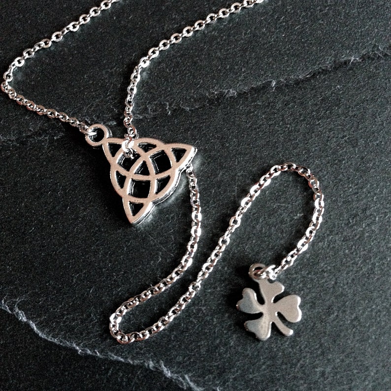 Four Leaf Clover & Irish Celtic Knot Lariat Style Pendant Necklace on ...