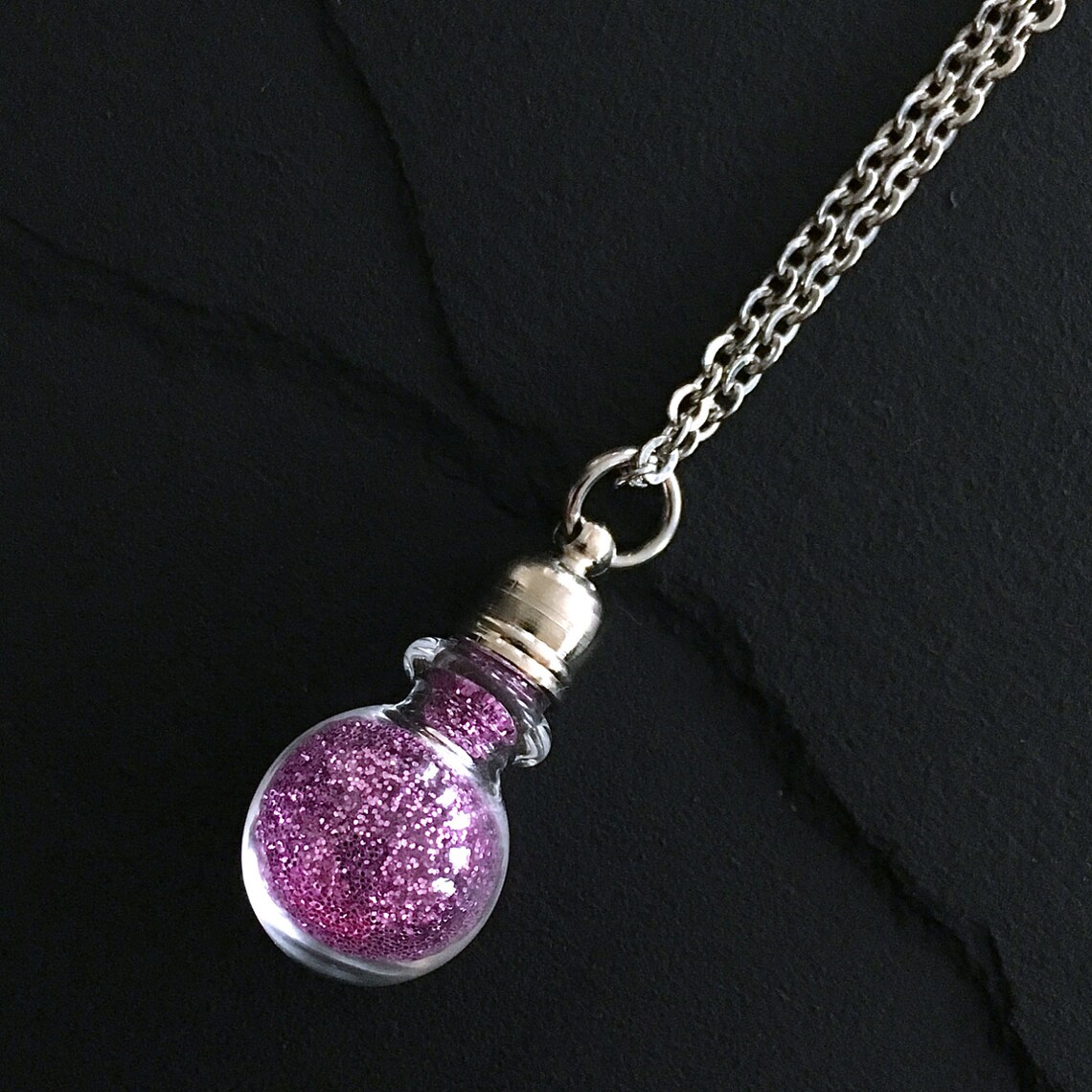 Glitter-filled Mini Glass Bottle Potion Vial Necklace on 16" Stainless ...