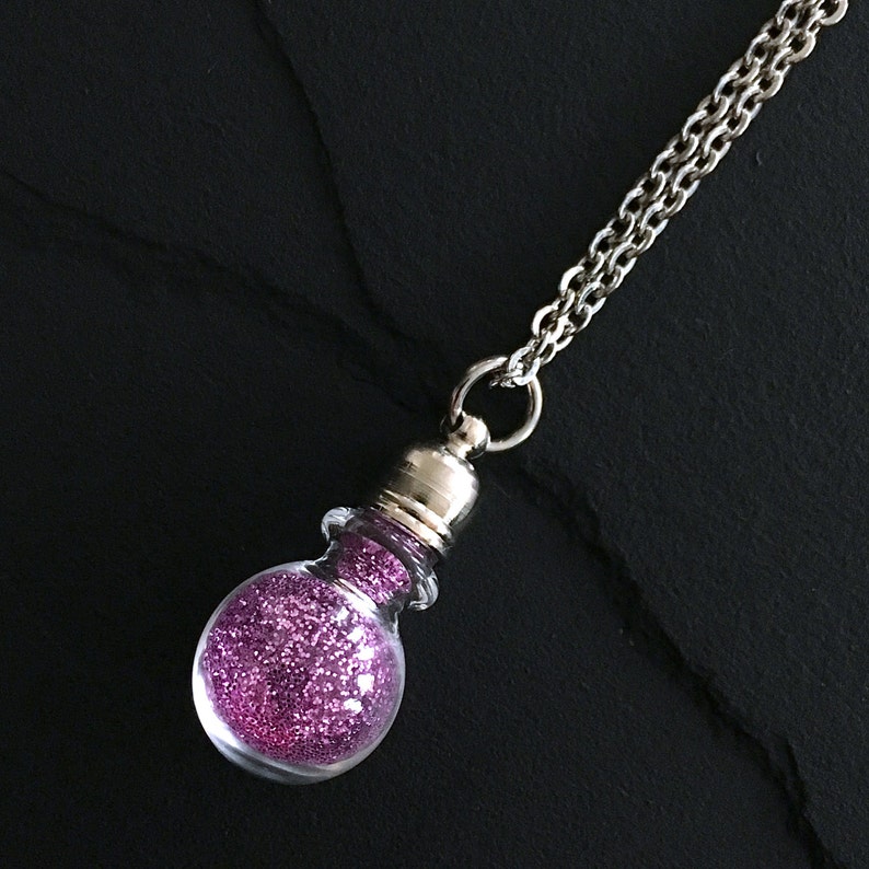 Glitter-filled Mini Glass Bottle Potion Vial Necklace on 16" Stainless ...