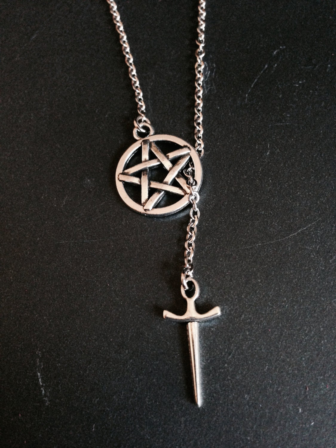 Silver Pentagram Necklace & Dagger Sword in Lariat Style--pentacle ...
