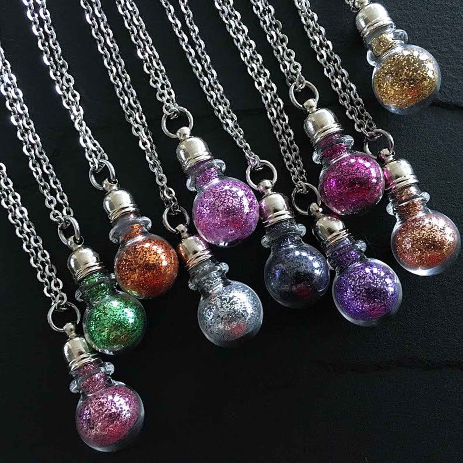 Glitter-filled Mini Glass Bottle Potion Vial Necklace on 16" Stainless ...