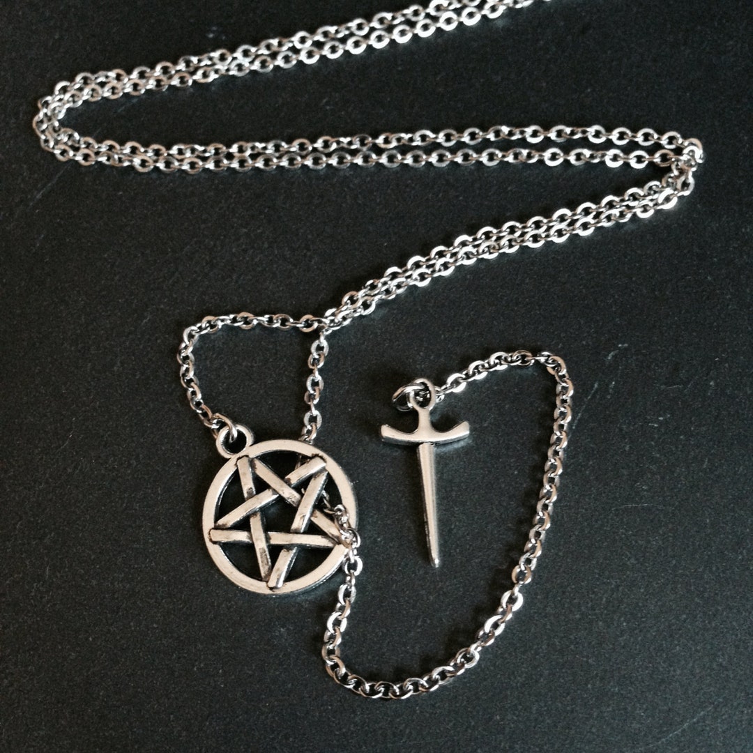 Silver Pentagram Necklace & Dagger Sword in Lariat Style--pentacle ...