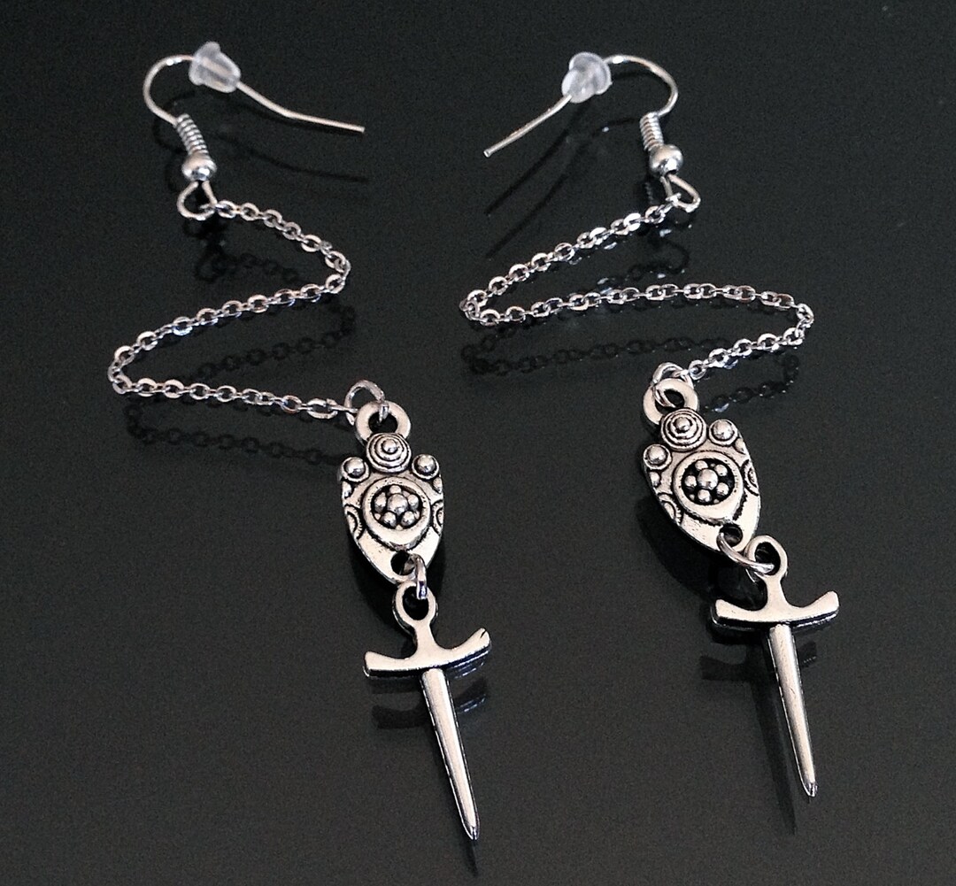 Dagger Shield Earrings Tiny Silver Charms on Long Dangle Stainless ...