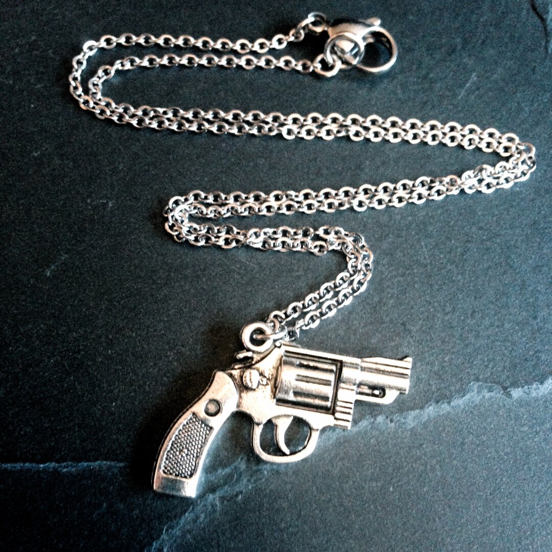 Silver Hand Gun Pistol Revolver Pendant Necklace on 17" Stainless Flat ...