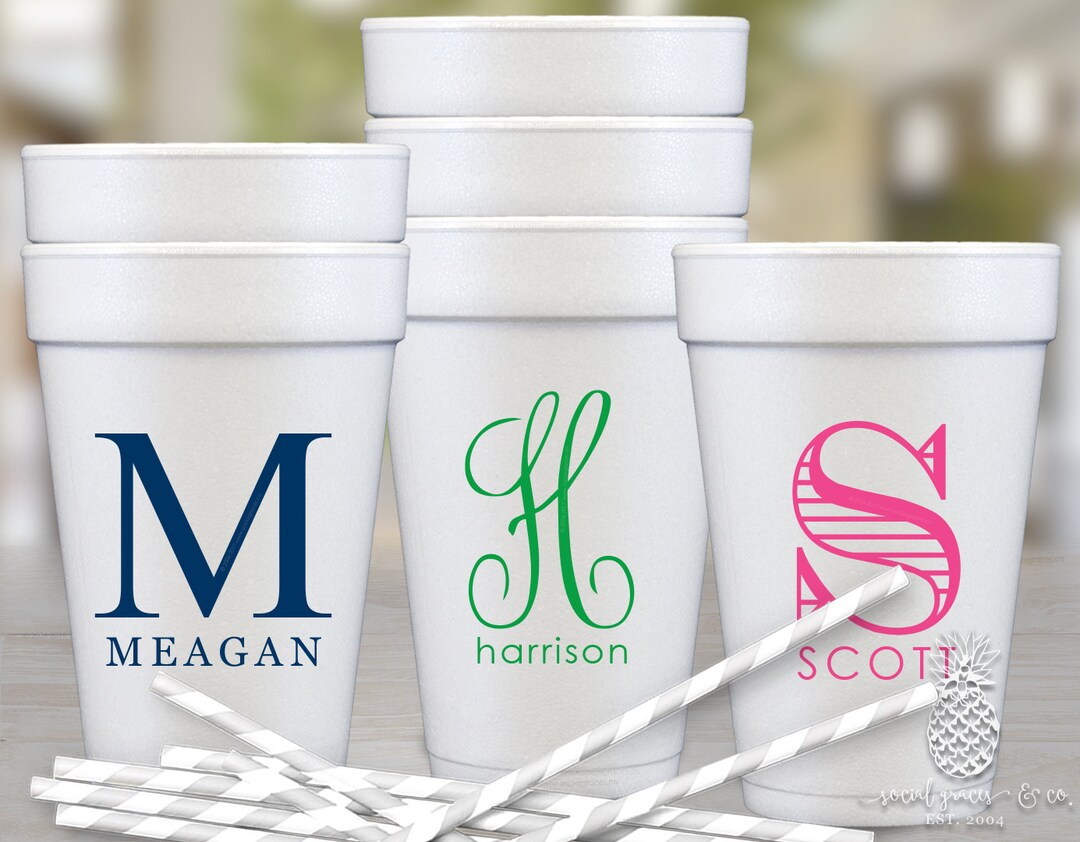 Custom Monogram Party Cups - Personalized To-go Foam Cup - Disposable ...