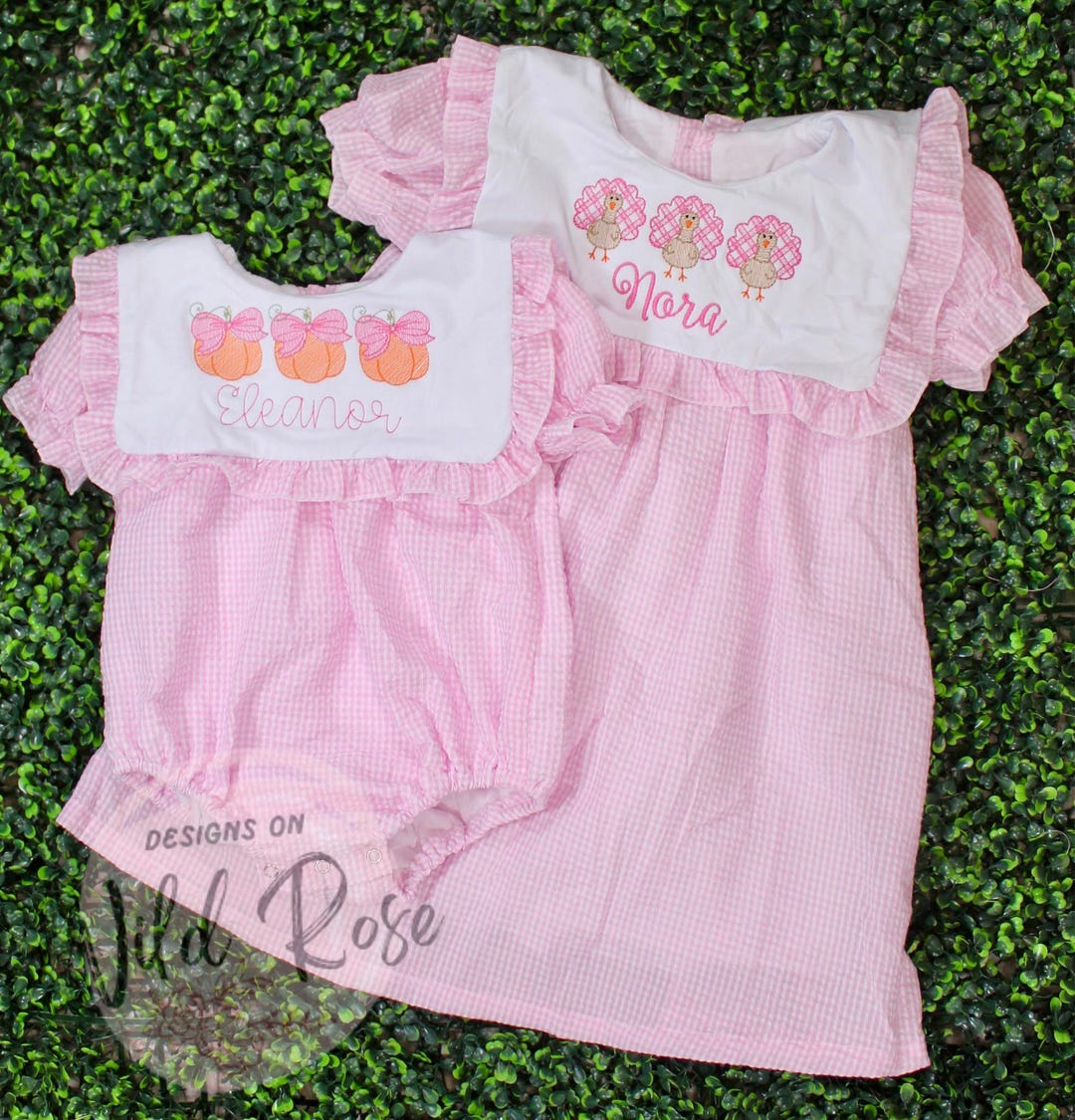Personalized Pink Gingham Pumpkin and Turkey Dress or Bubble | Baby ...