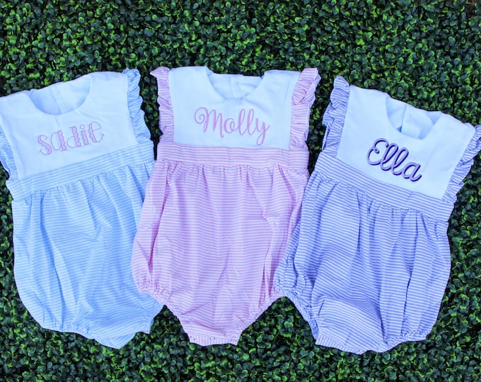 Baby and Toddler Girl Monogram Romper Bubble | Striped, Blue, Pink ...