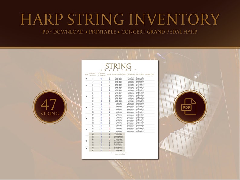 PRINTABLE HARP STRING Inventory • 47 String Concert Grand Pedal Harp ...