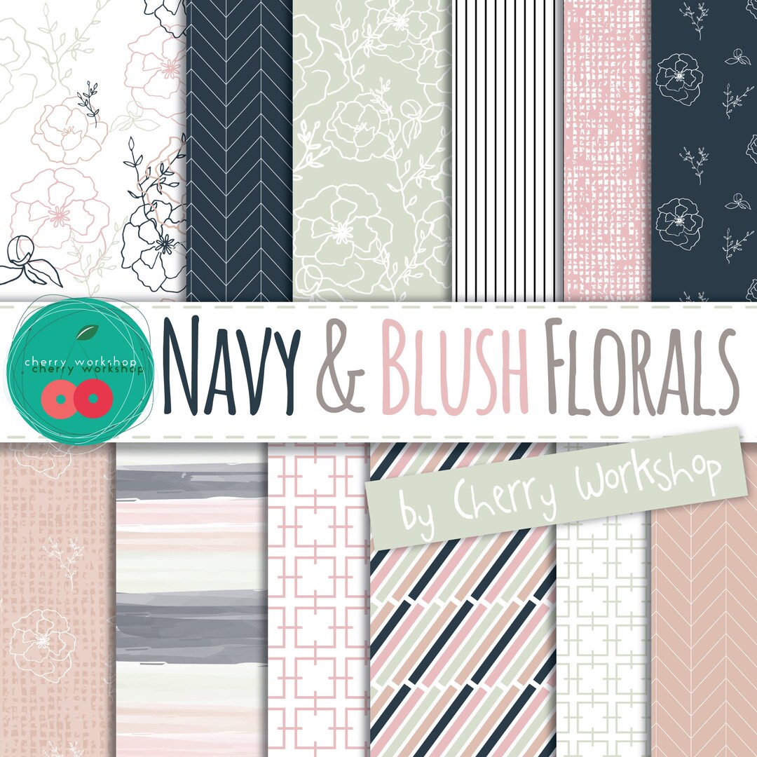 Floral Digital Paper navy and Blush Modern Digital Paper Pack ...