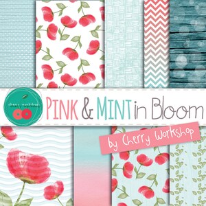 Floral Digital Paper Mint and Pink Digital Paper mint and Pink in Bloom ...
