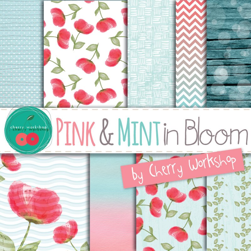 Floral Digital Paper Mint and Pink Digital Paper mint and Pink in Bloom ...