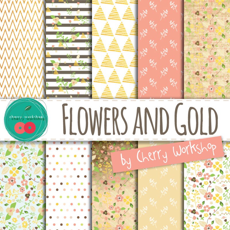 Floral Digital Paper flowers and Gold Gold Digital - Etsy