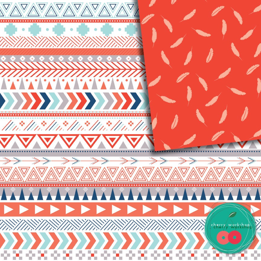 Tribal Digital Paper coral and Blue Red Coral and Blue Summer Digital ...