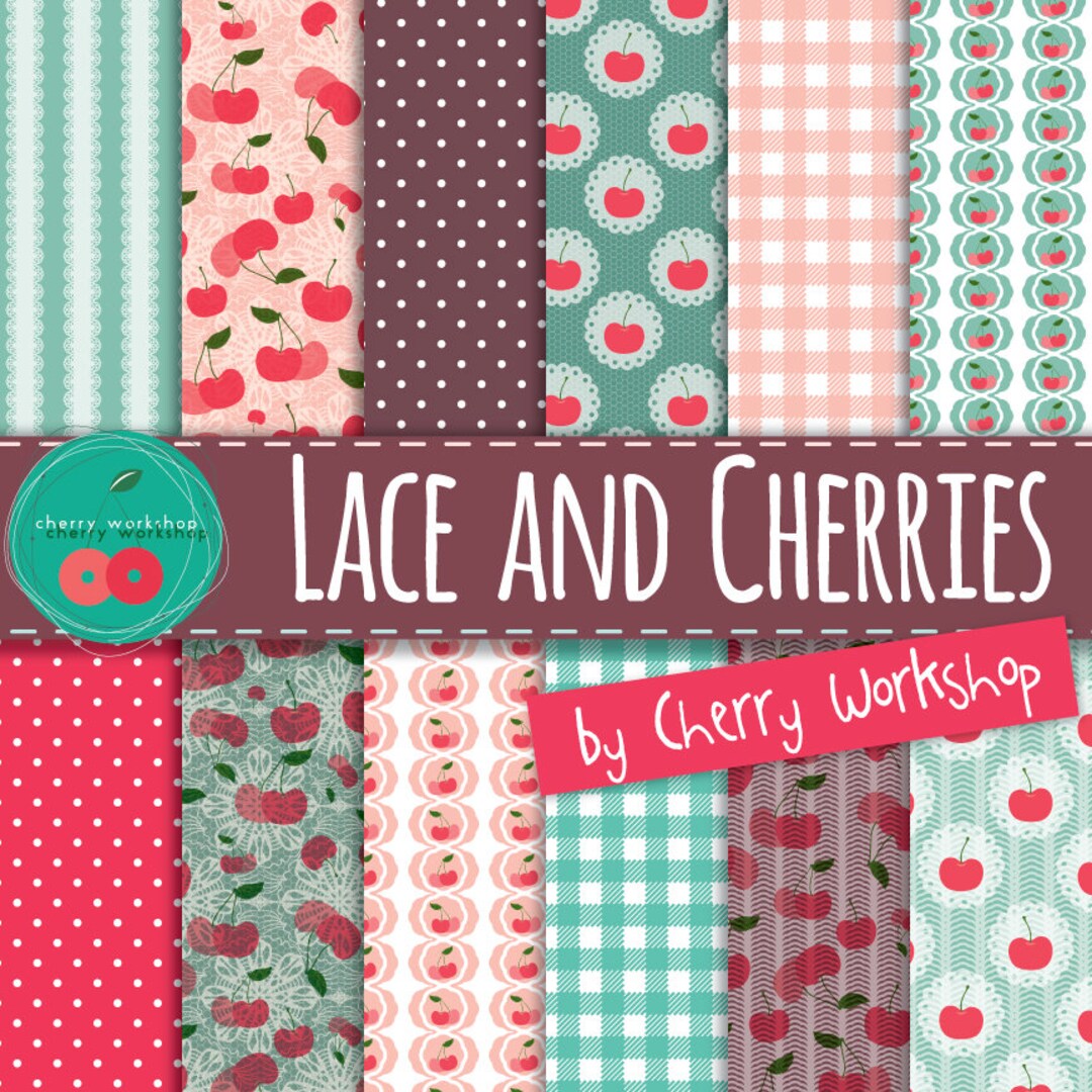Cherry Digital Paper lace and Cherries Beautiful Printable Paper Set ...