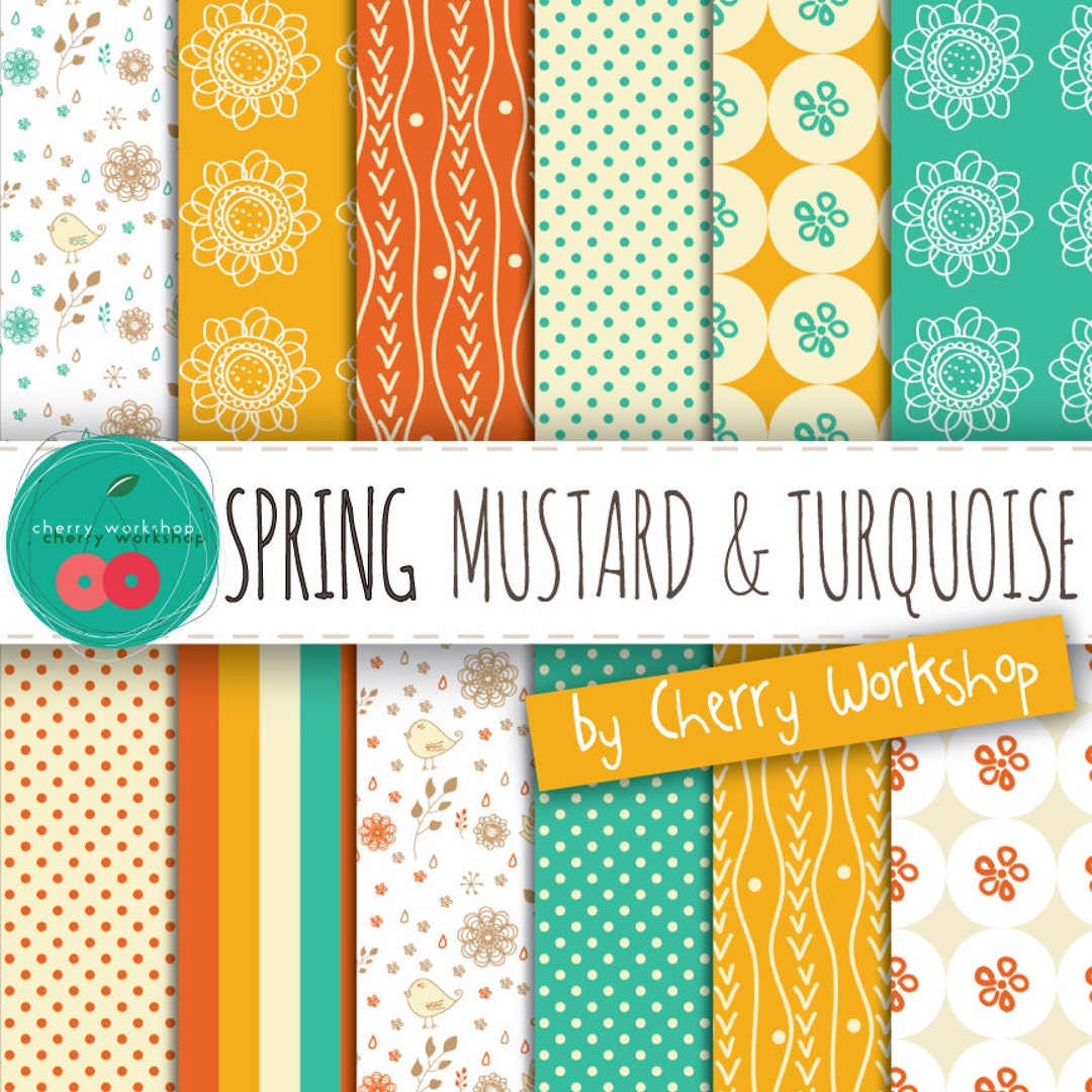 Spring Digital Paper Set Paper Floral in Turquoise, Mustard and Orange ...