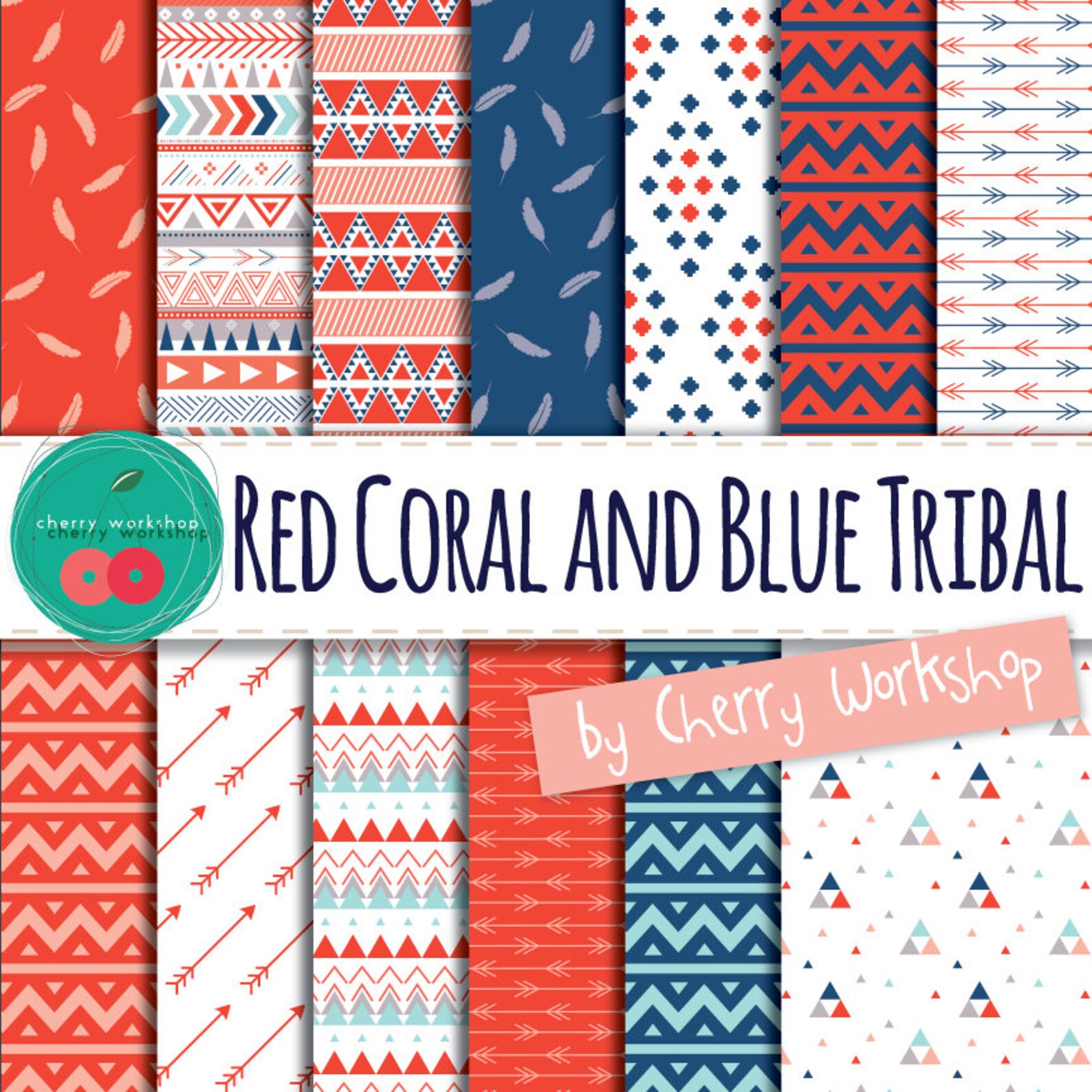 Tribal Digital Paper coral and Blue Red Coral and Blue Summer Digital ...