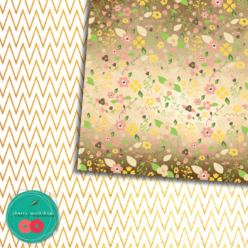 Floral Digital Paper flowers and Gold Gold Digital - Etsy