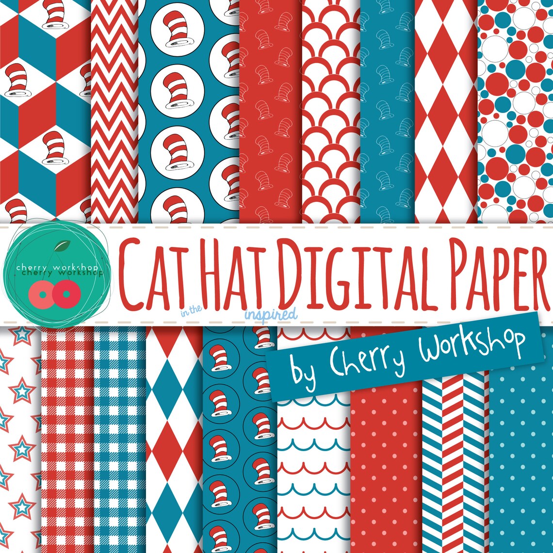 Cat in the Hat Inspired Digital Paper Set Digital Paper, Printable ...
