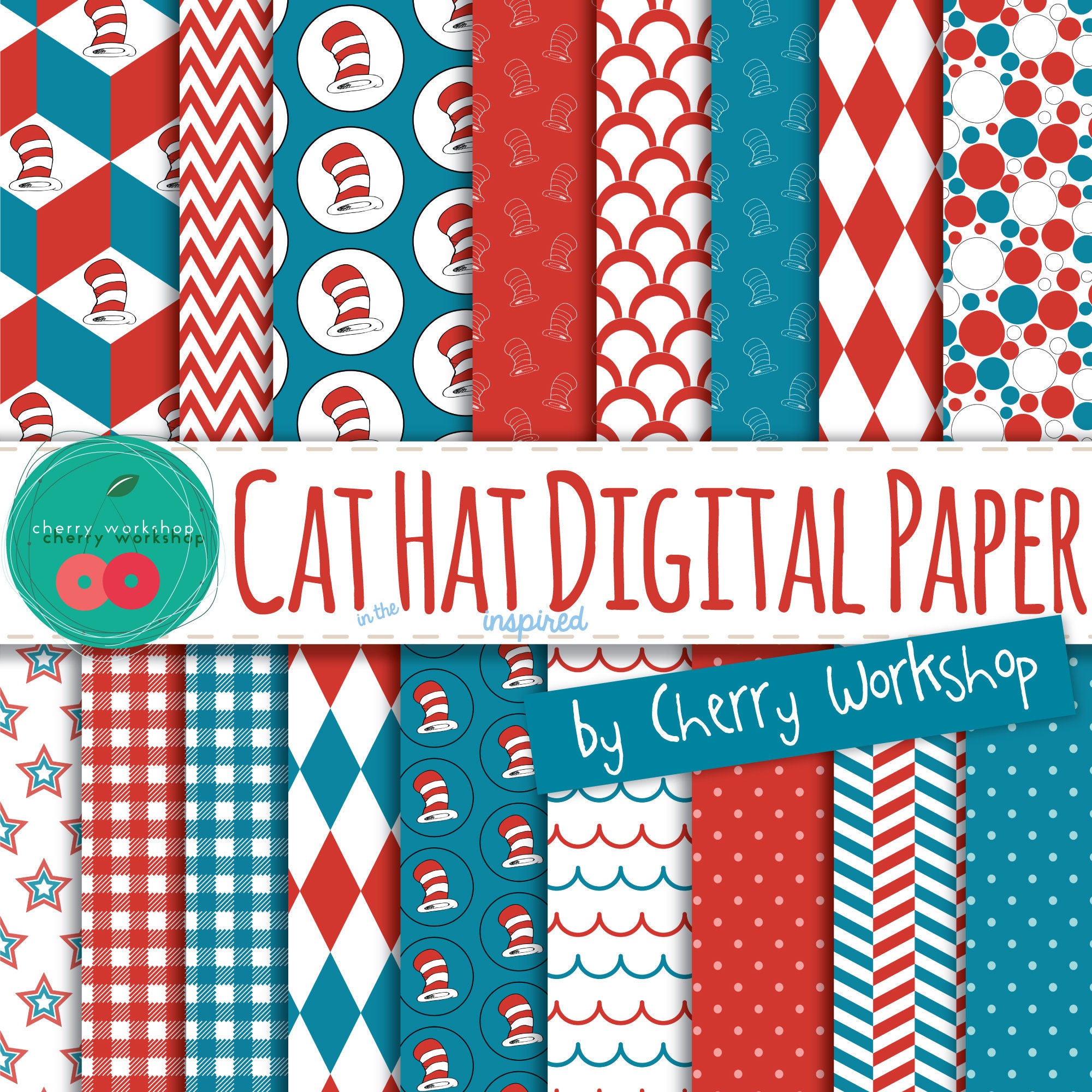 Cat in the Hat Inspired Digital Paper Set Digital Paper, Printable ...