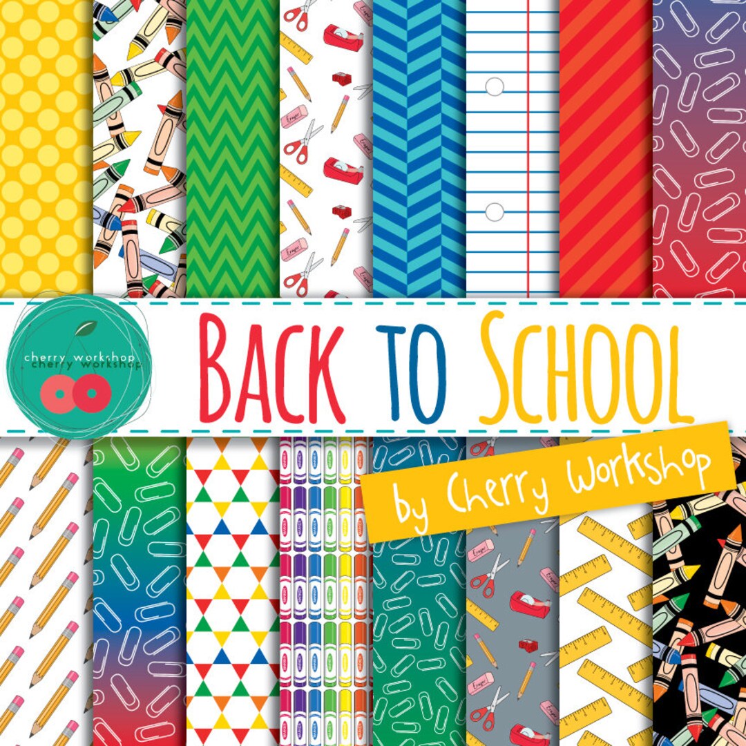 Back to School Digital Paper Set - School Patterns in Primary Colors ...