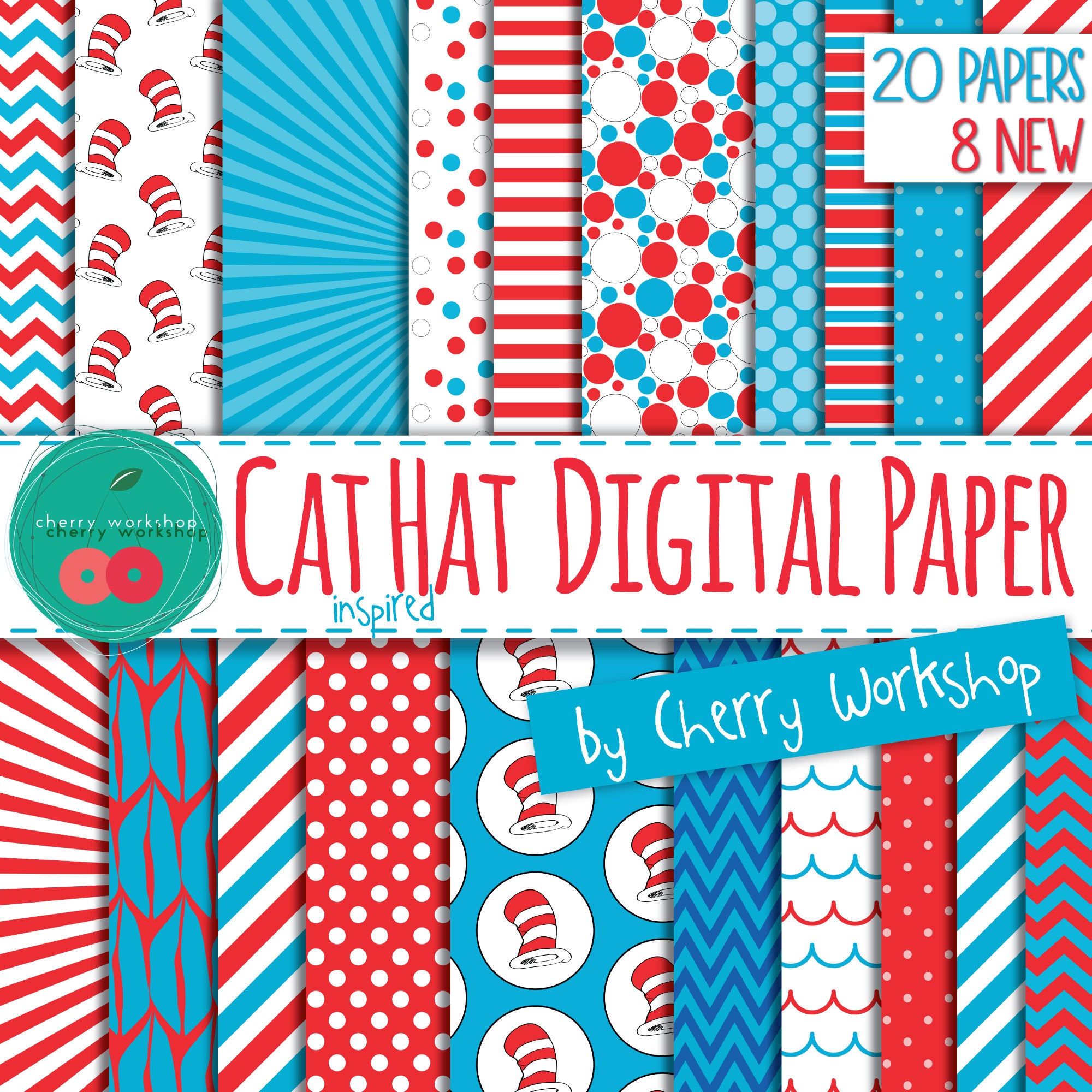 Cat in the Hat Dr Seuss Inspired Digital Paper cat Hat Digital Paper ...
