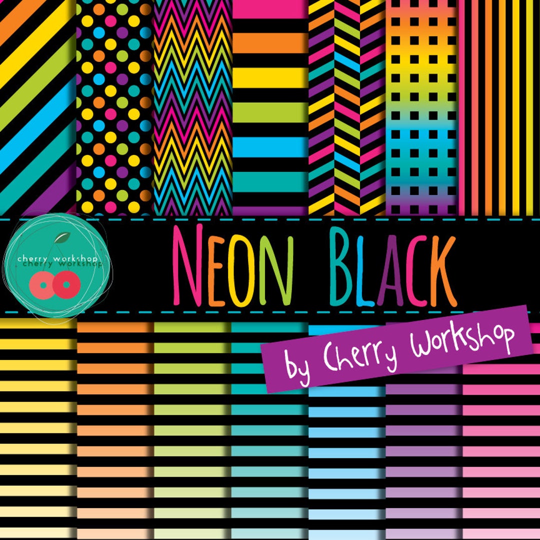 Neon Digital Paper Pack With Black Background Peon Patterns Digital ...