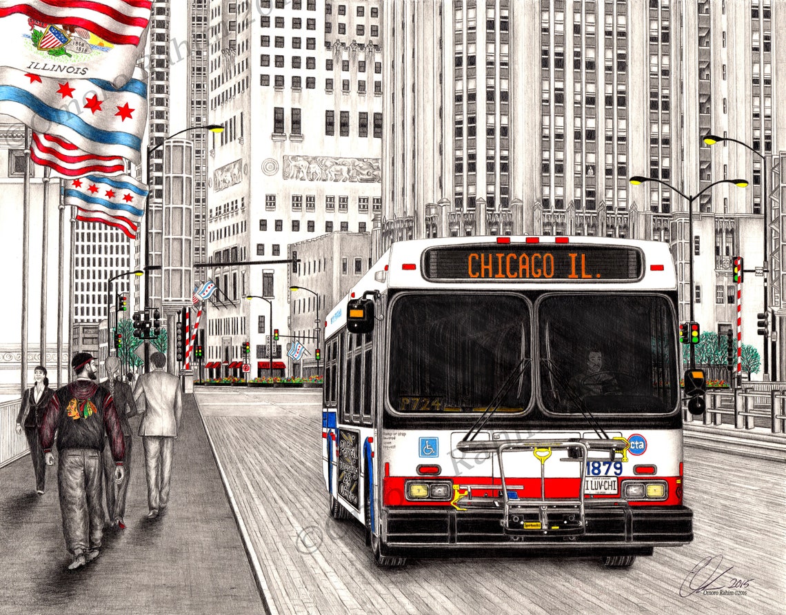18 X 24 Inch Chicago Bus on Michigan Avenue Drawing/print, Direct From ...