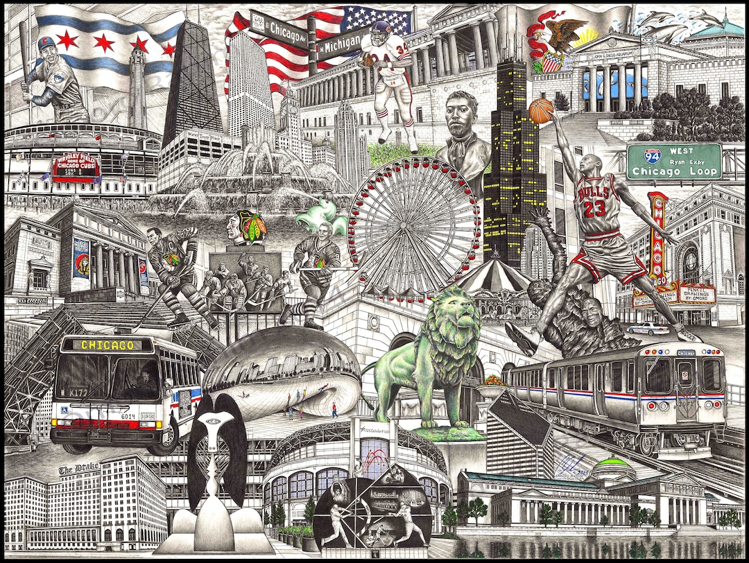 Drawing Dedicated to Chicago Landmarks and Sports. Includes Walter ...