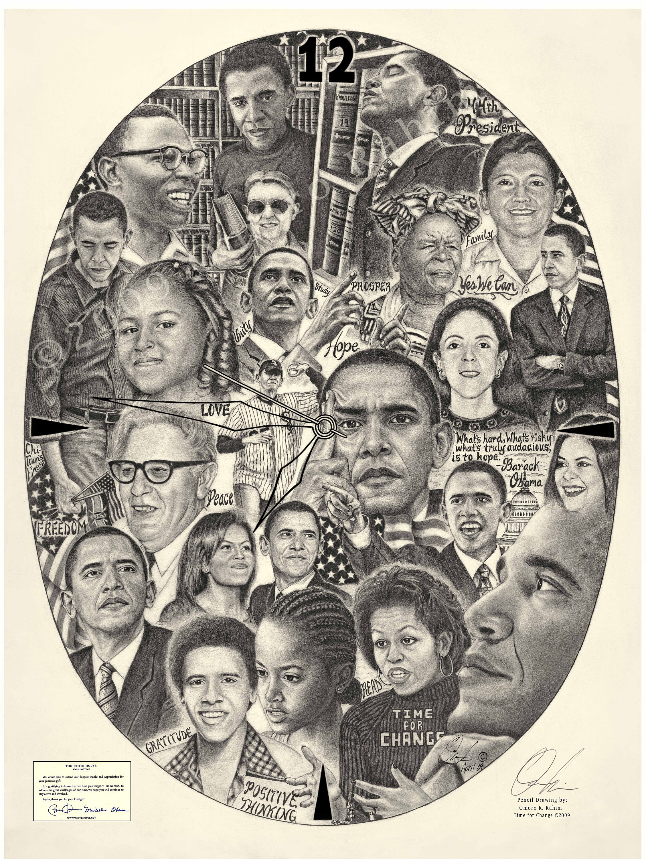 18 X 24 Inch Reproduction Pencil Drawing of Barack Obama and Immediate ...