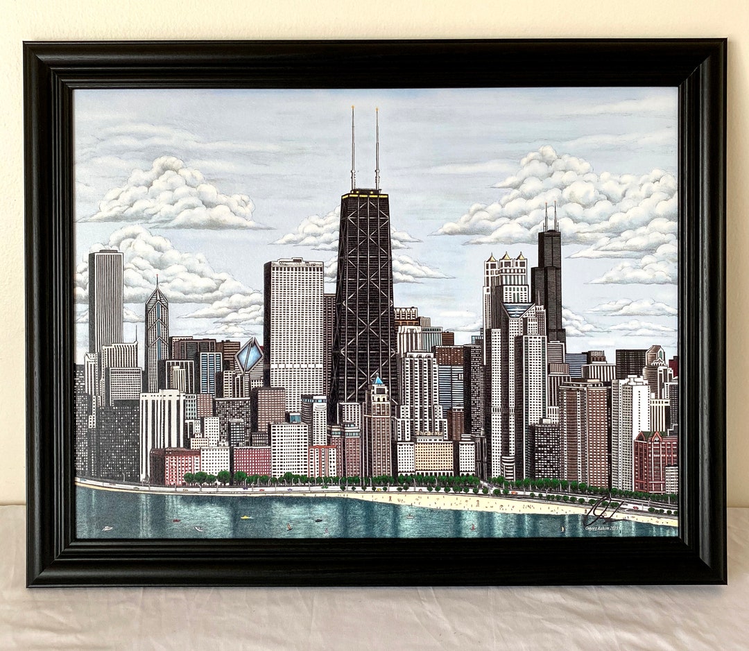 Chicago Skyline Drawing With Black Frame, Size- 18x24 Inches - Etsy