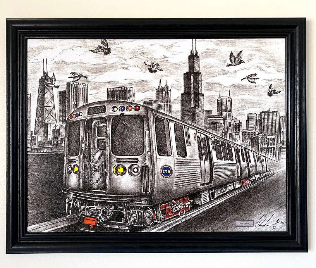28 X 22 In. Chicago Train Drawing (print) With Black Frame, Direct From ...