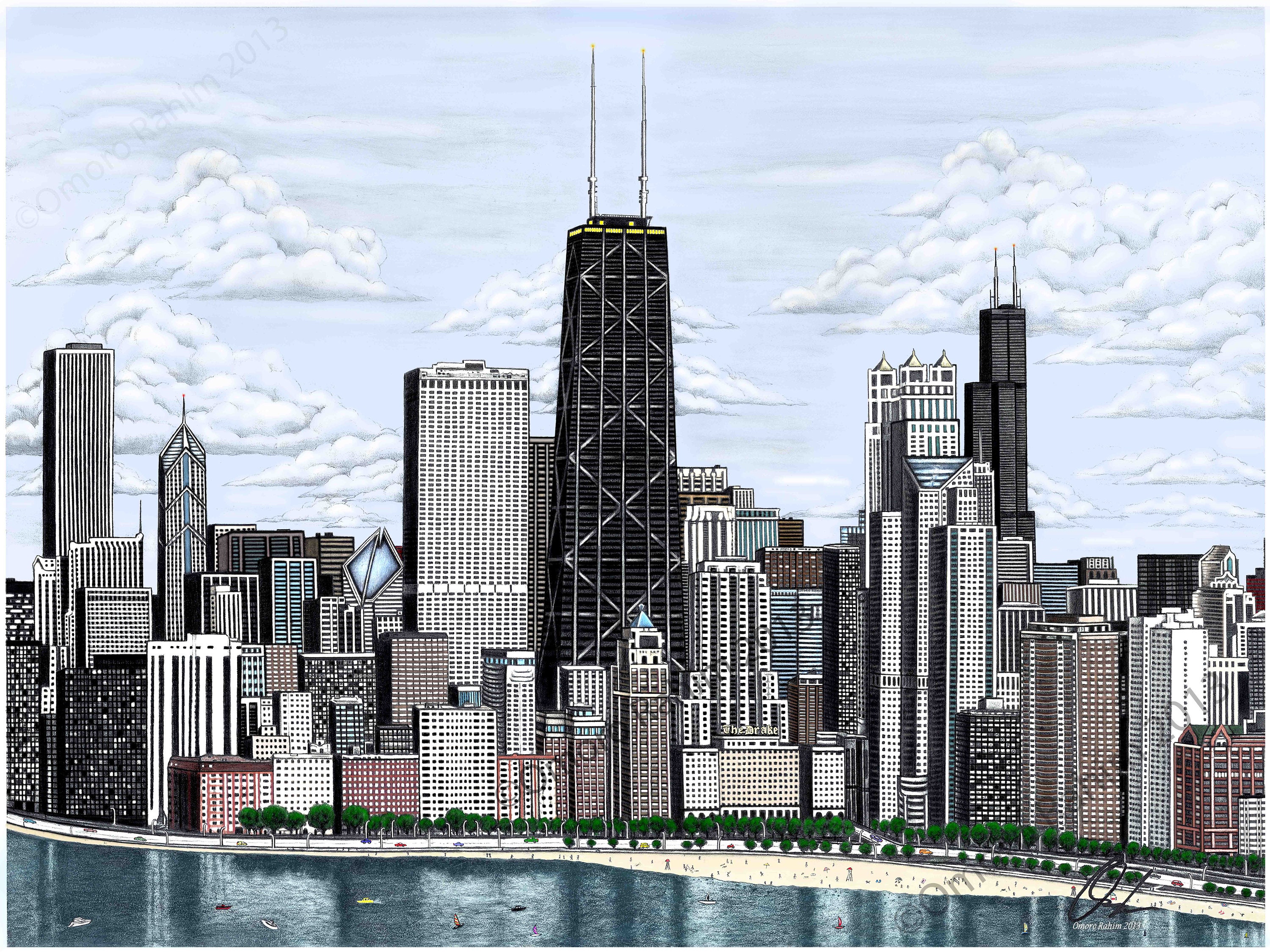 18x24 Inch Chicago Skyline Drawing (print), Oakstreet Beach View From ...
