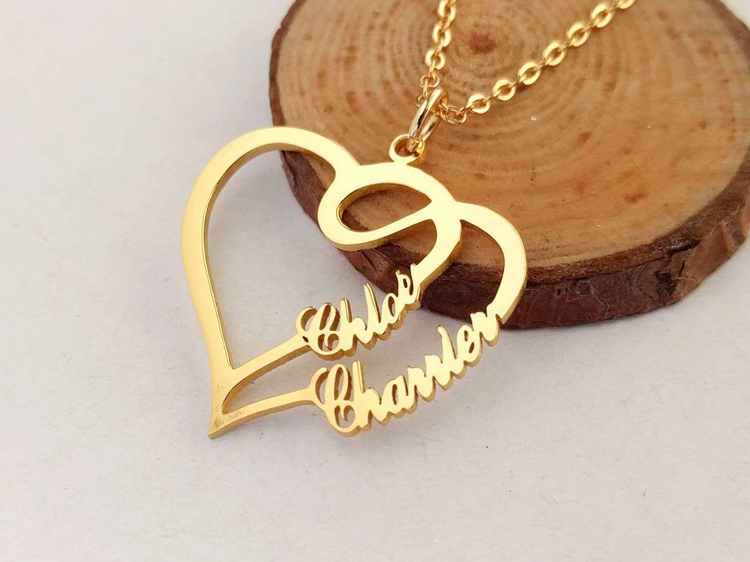 Custom Two Names Heart Necklace, Personalized Overlapping Heart ...