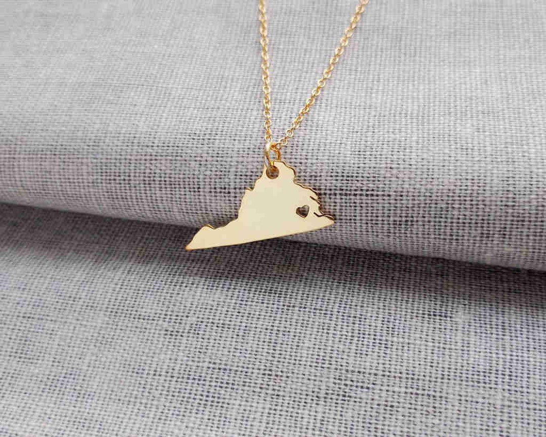 Gold State Necklace of Virginia With A Heart, VA State Charm Necklace ...