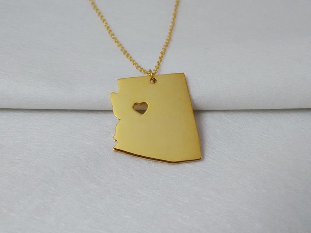 Gold AZ State Necklace With A Heart, Arizona State Charm ,state Shaped ...