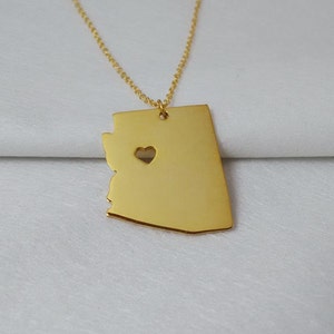 Gold AZ State Necklace With A Heart, Arizona State Charm ,state Shaped ...