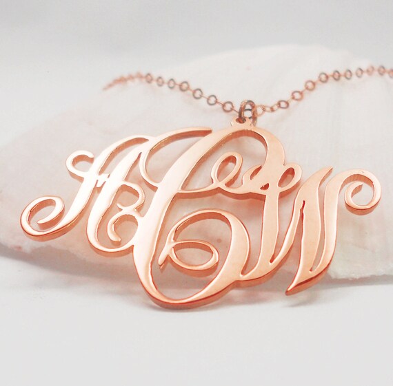 Large Monogram Necklace Rose Gold Over 925 Sterling Silver / | Etsy