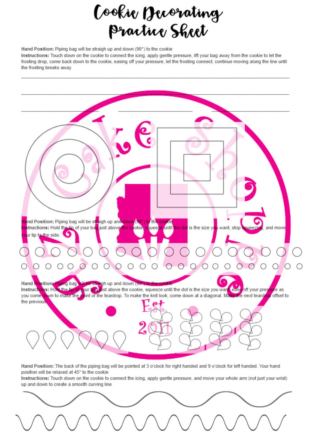 Cookie Decorating Piping Practice Sheet With Instructions and Hand ...