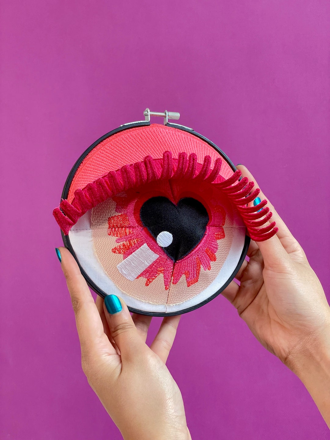 EYE HEART YOU Pink Fiber Art Sculpture of Eye With Heart Iris & Pink ...