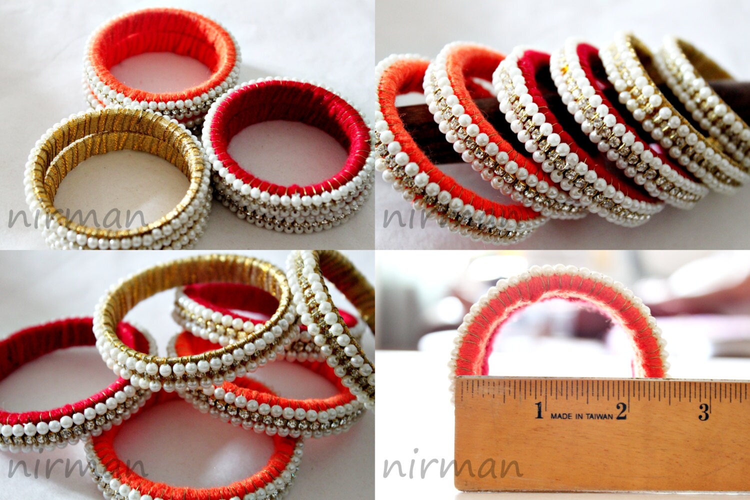 Buy Set of 2 Small Size Red Gold Orange Handmade Wool Bangle Bracelets ...
