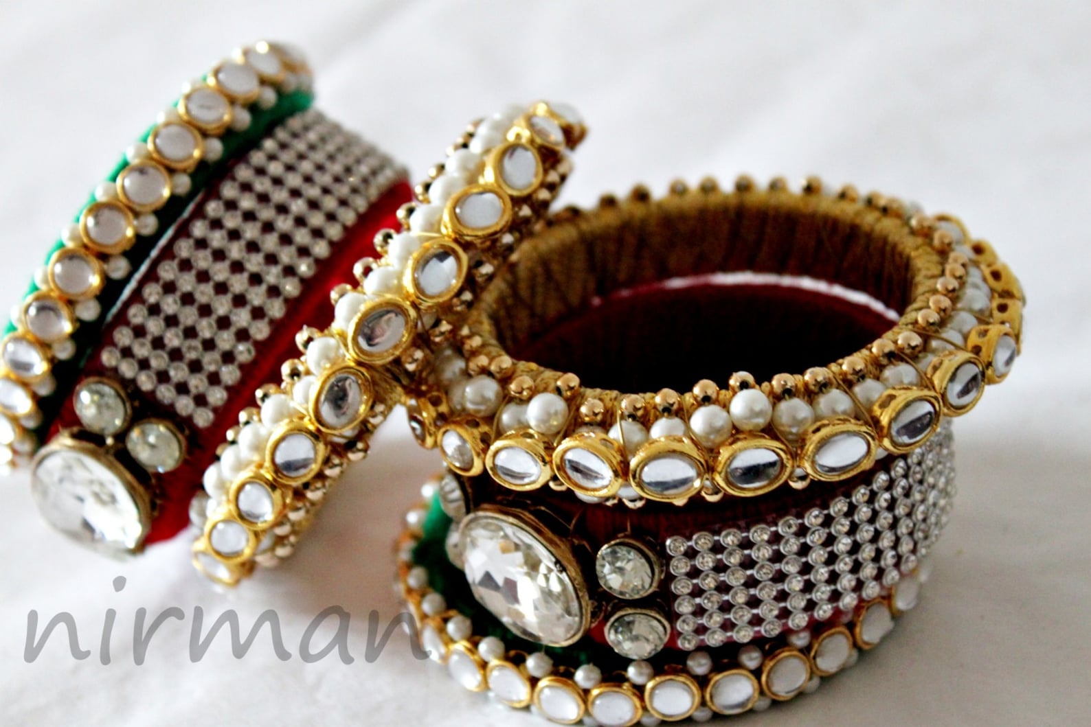 Indian Bangle Set of 3 Large Size Bangles Gold Red Green Handmade ...
