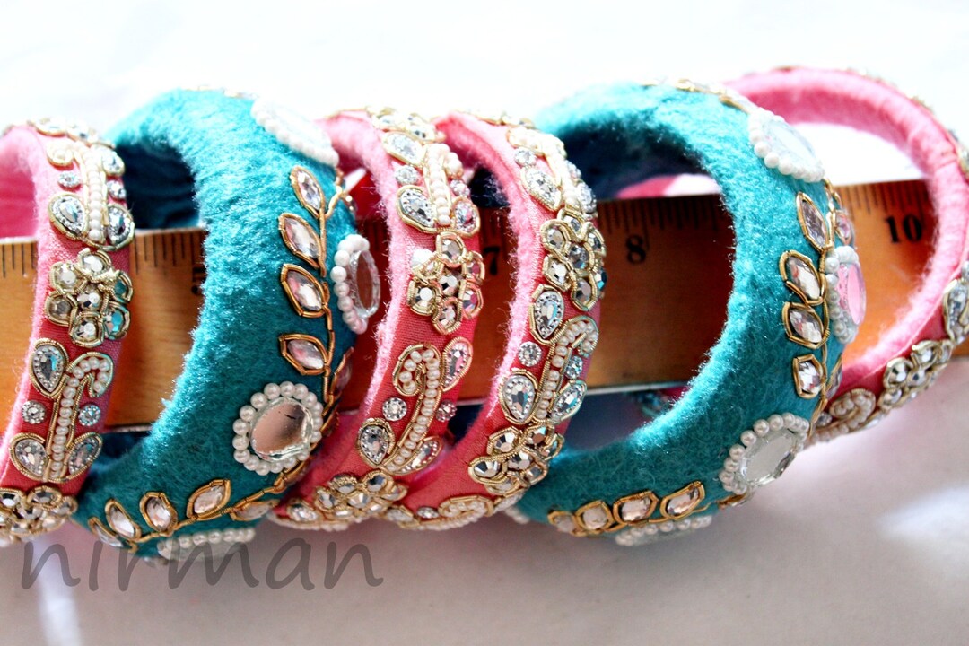 Indian Bangle Set of 3 PINK BLUE Hand Knit Bangle Bracelets, Wool ...