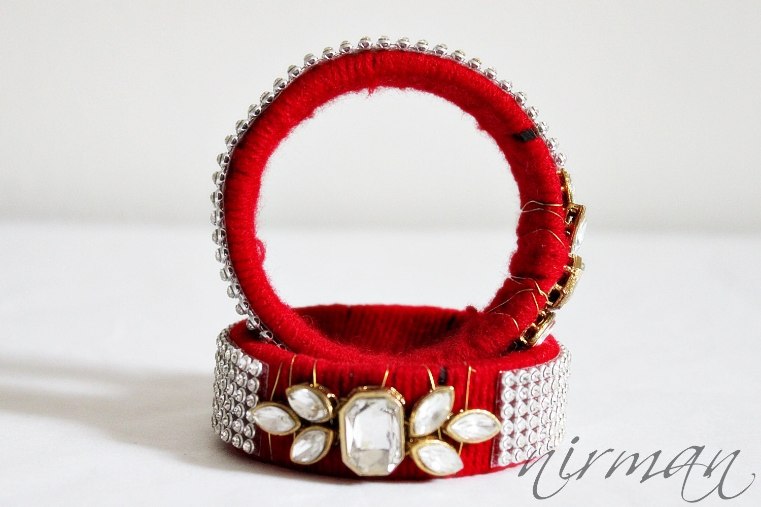 Single Red Hand Knit Bangle Bracelet, Wool Jewelry, With White Pearl ...