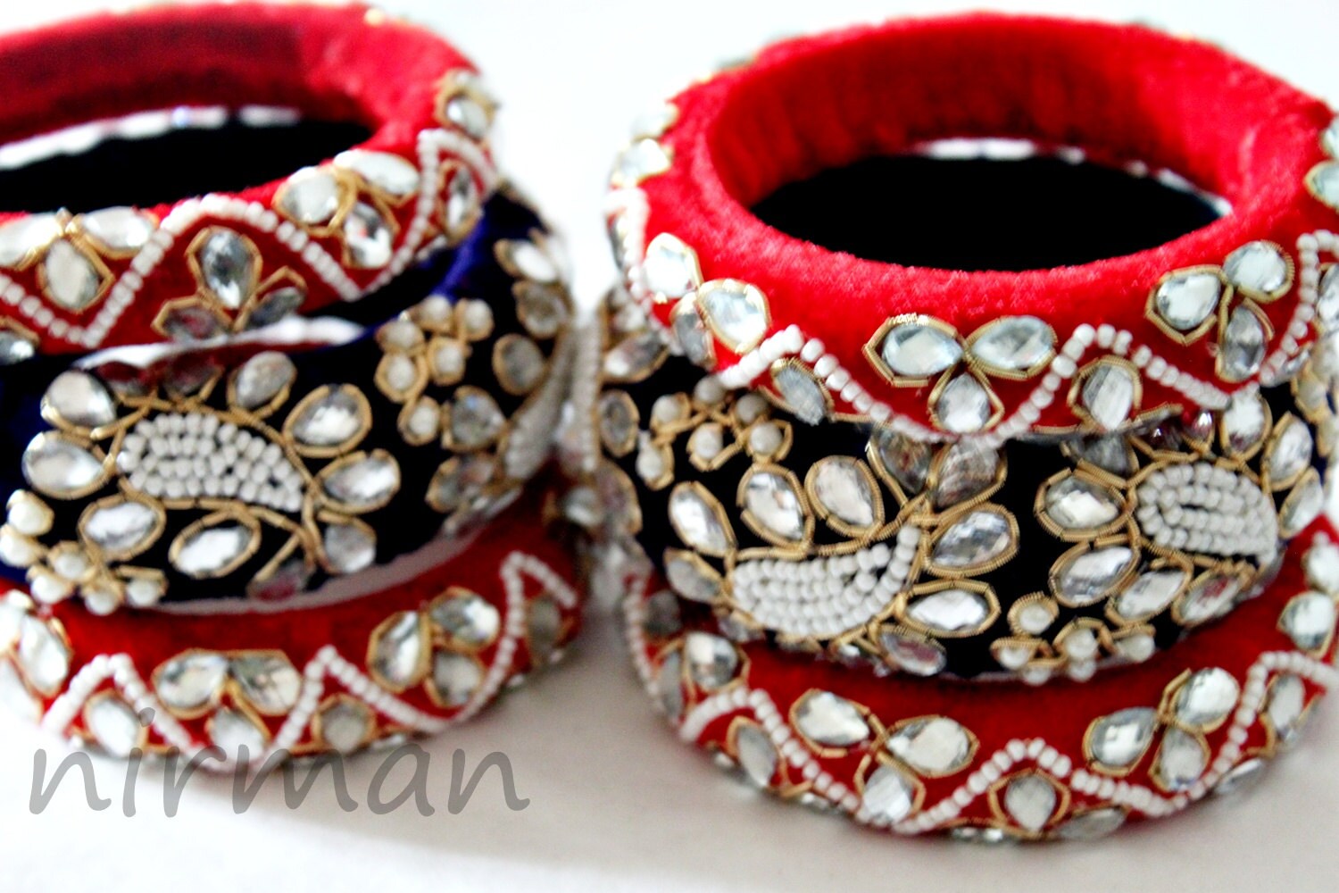 Indian Bangle Set of 3 BLUE RED Hand Knit Bangle Bracelets, Wool ...